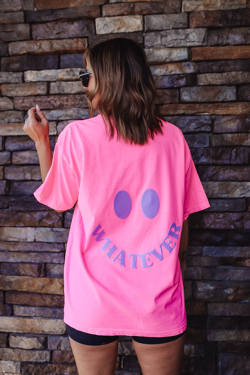 Whatever Smiley Short Sleeve Tee - Lavender on Neon Pink – Abela Story